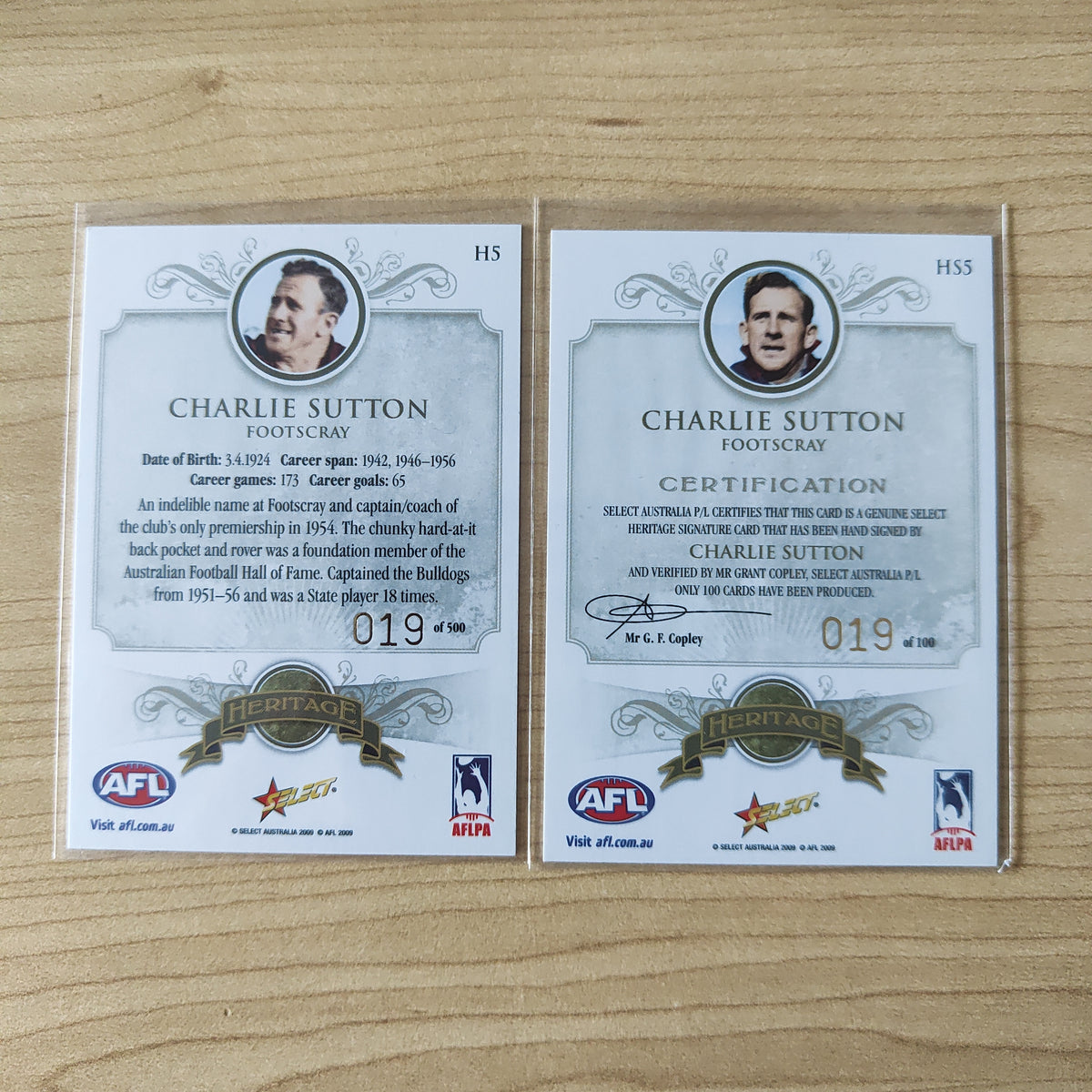 2009 Select Heritage Signature Charlie Sutton Footscray Western Bulldo ...