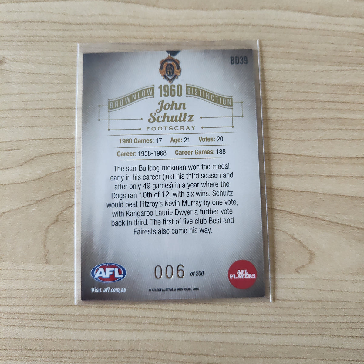2015 Select Honours 2 Brownlow John Schultz Footscray Western Bulldogs ...