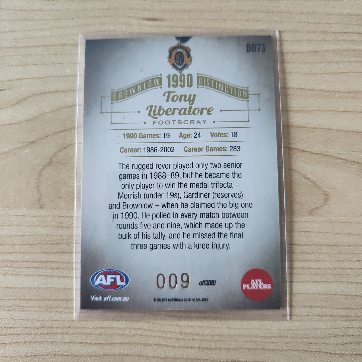 2015 Select Honours 2 Brownlow Tony Liberatore Footscray Western Bulld ...