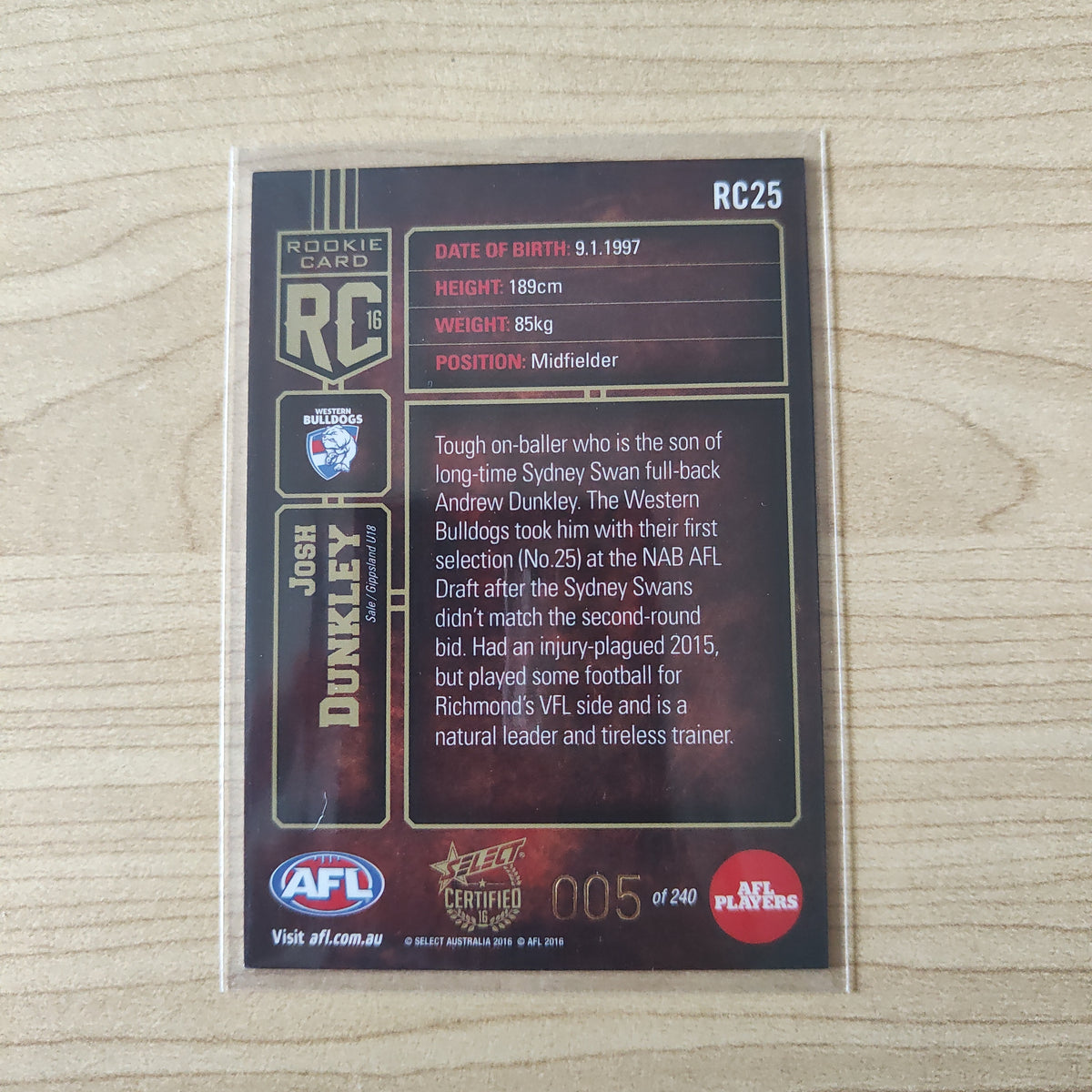 2016 Select Certified Rookie Card Josh Dunkley Western Bulldogs LOW NU ...