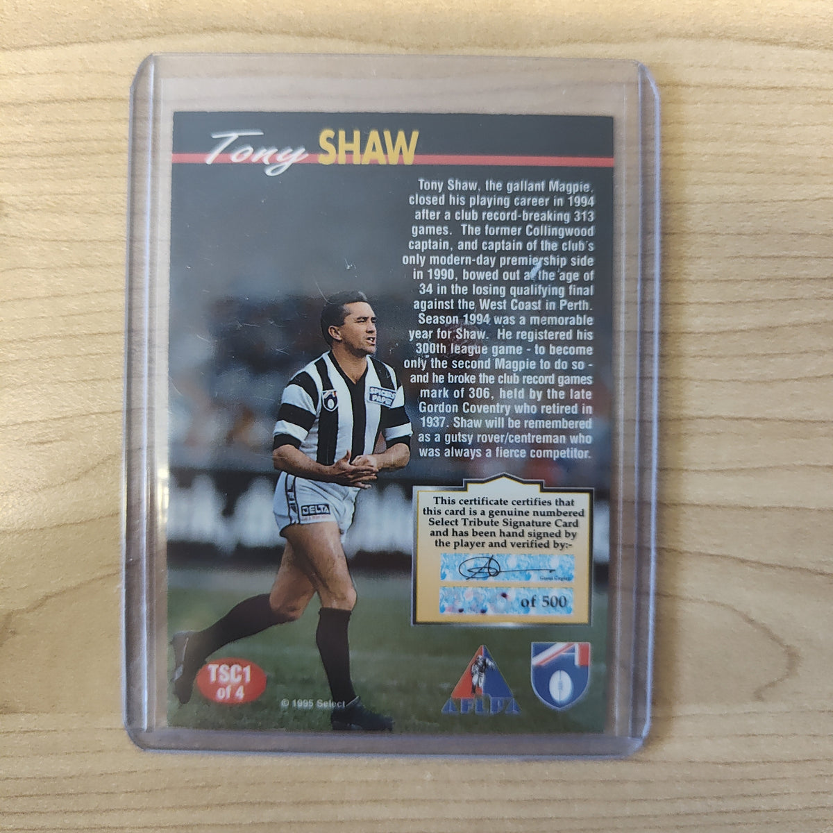 1995 Select Tribute Signature Card Redemption Tony Shaw Collingwood 22 ...