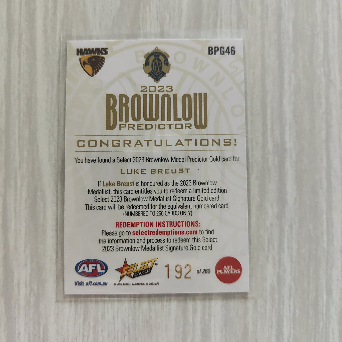 2023 Select Footy Stars Gold Brownlow Predictor Luke Breust Hawthorn 1 ...