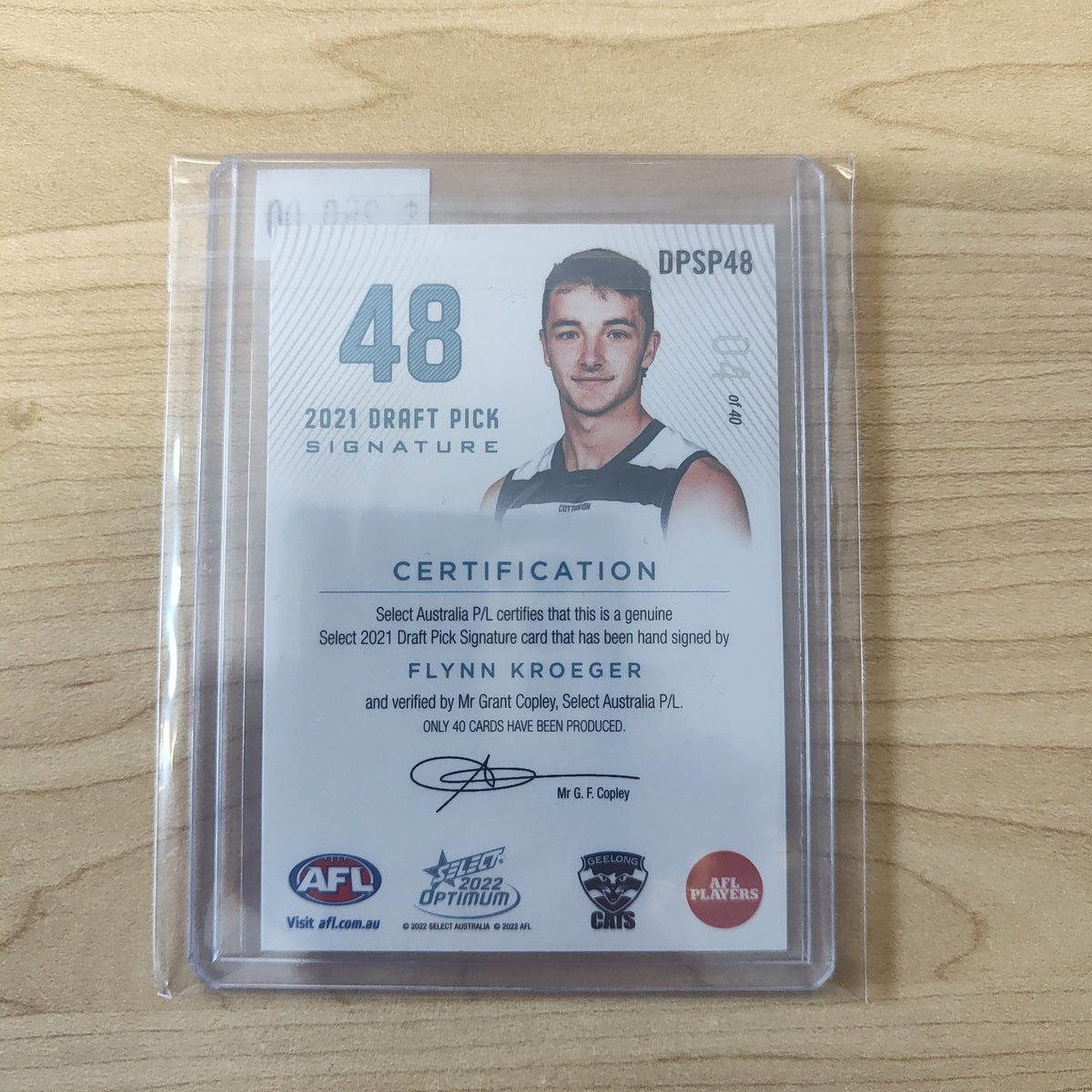 2022 AFL Select Optimum Platinum Draft Pick Signature Flynn Kroeger Ge ...