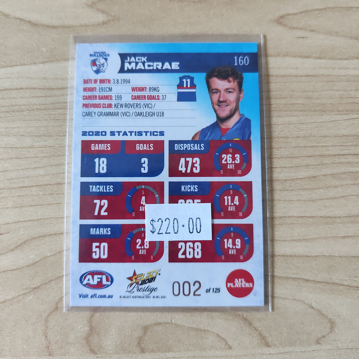 2021 AFL Select Prestige Blue Parallel Jack Macrae Western Bulldogs LO ...