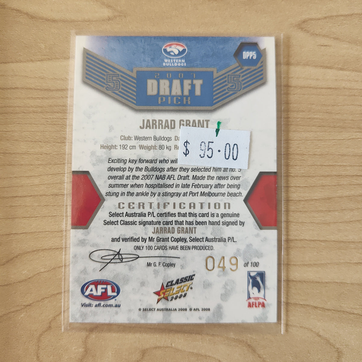 2008 Select Classic Draft Pick Platinum Signature Card Jarrad Grant We ...