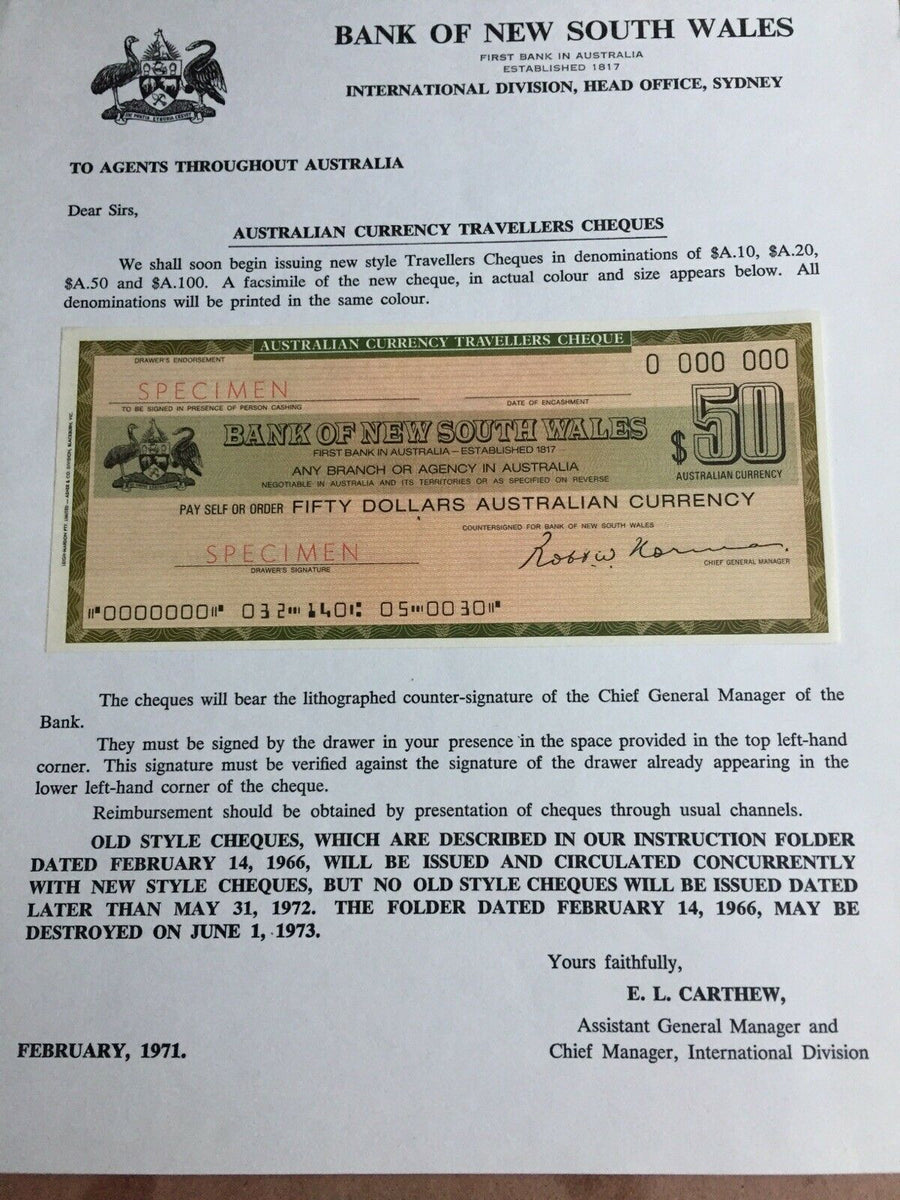 Australia Bank of NSW 1971 $50 Travellers Cheque Overprinted Specimen ...