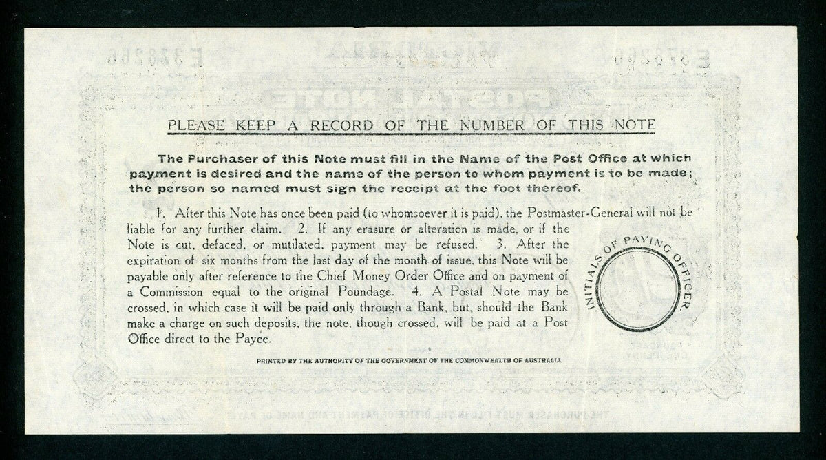 Australia Victoria 2/- Postal Note banknote postal stationery used Boo ...