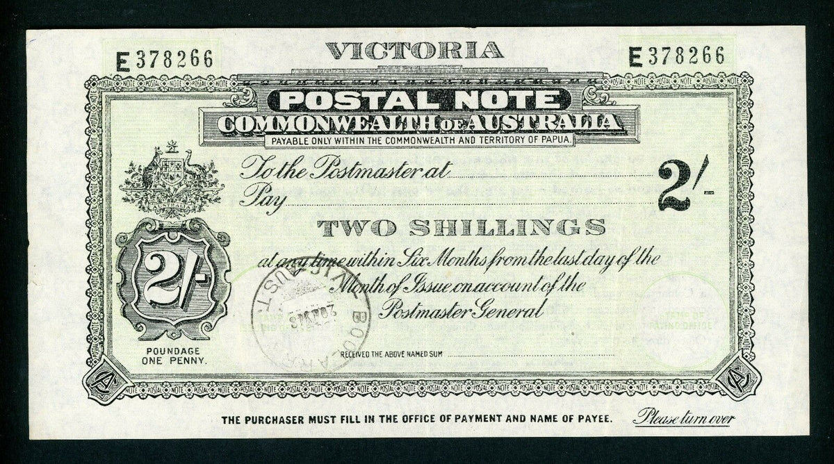 Australia Victoria 2/- Postal Note banknote postal stationery used Boo ...