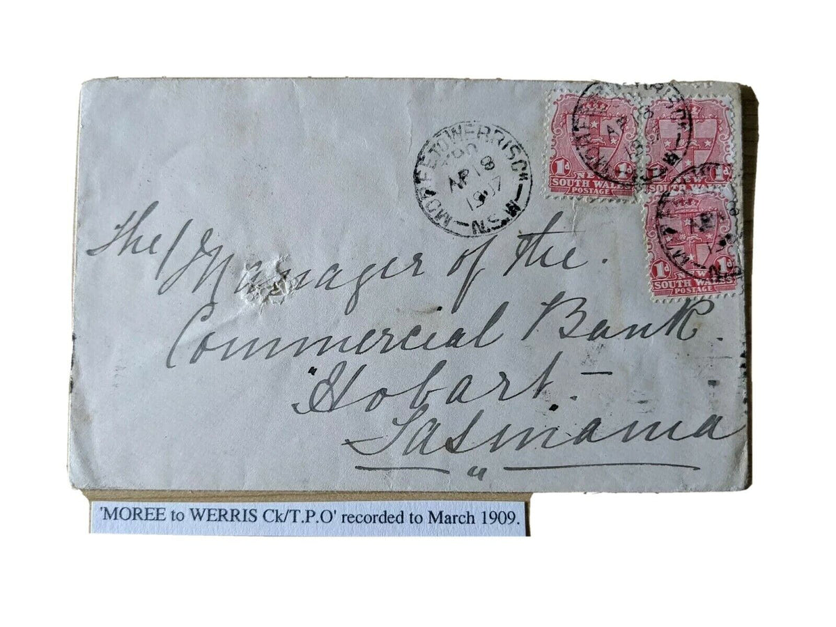 NSW cover 3x1d arms Moree- Werris Ck travelling post office sent to Ta ...