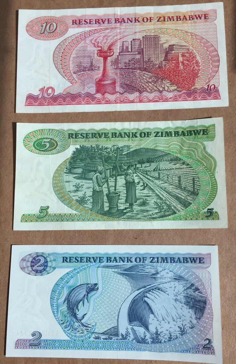 Zimbabwe 1980 $2 Unc, 1982 $5 & $10 Very Fine All First Prefix ...