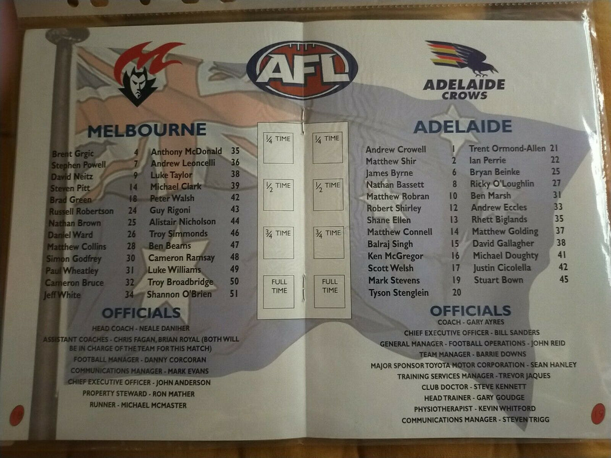 2000 Michael Page AFL Cup AFL Football Record Melbourne v Adelaide IN ...