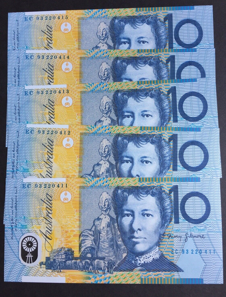 R316a 1993 $10 Blue Dobell Fraser Evans Polymer Banknote Run of 5 Unci ...