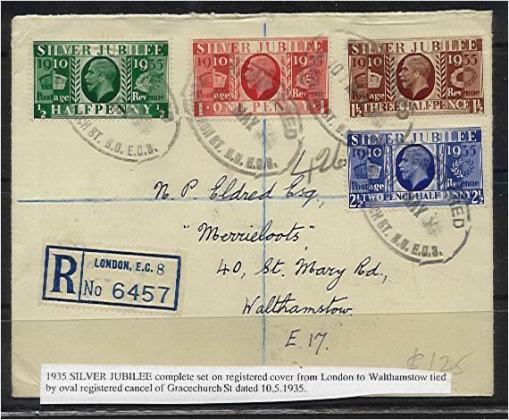 GB Great Britain SG 453-6 10th May 1935 KGV Silver Jubilee on register ...