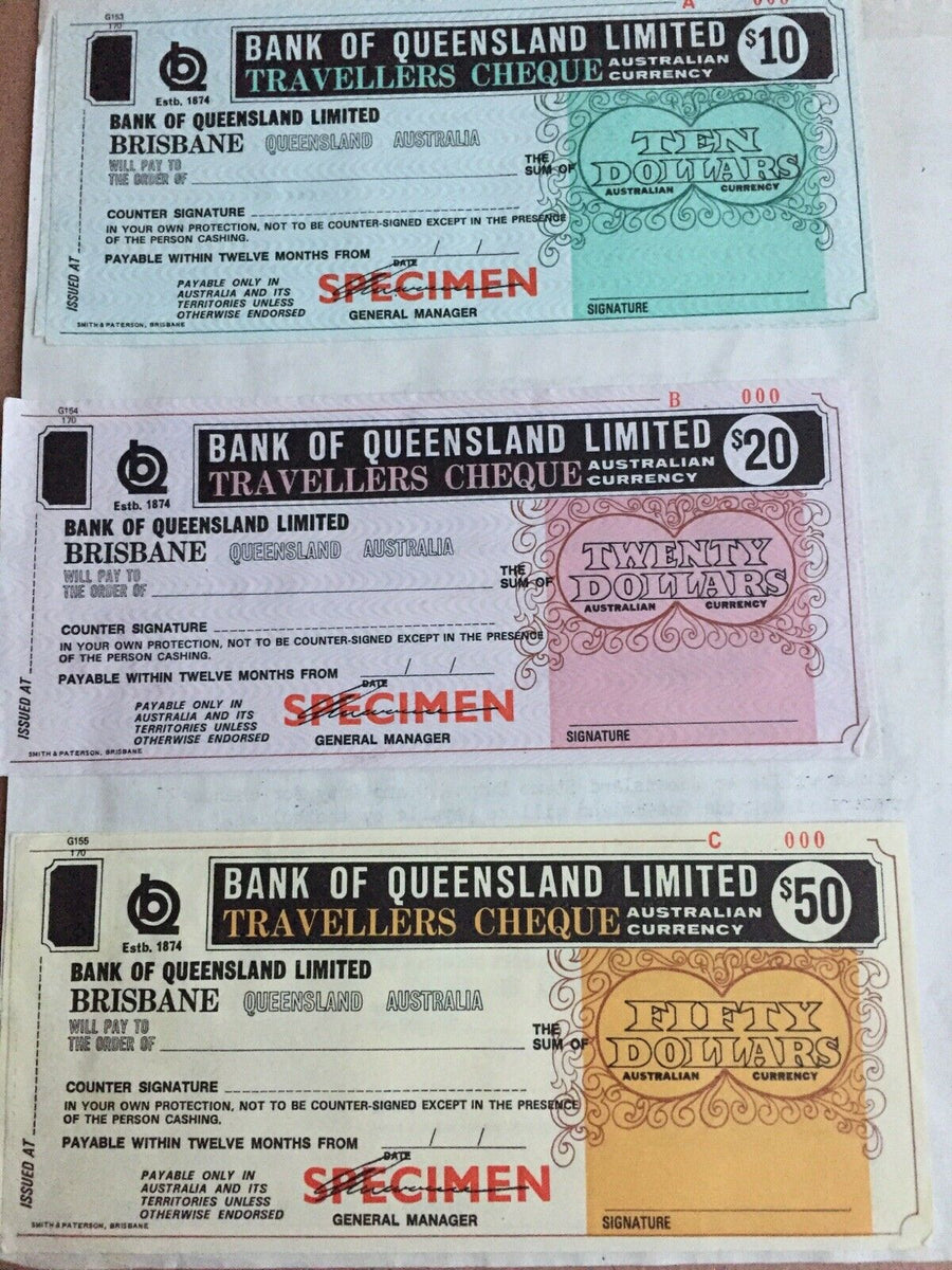Australia 1968 $10, $20 & $50 Travellers Cheques Overprinted Specimen ...