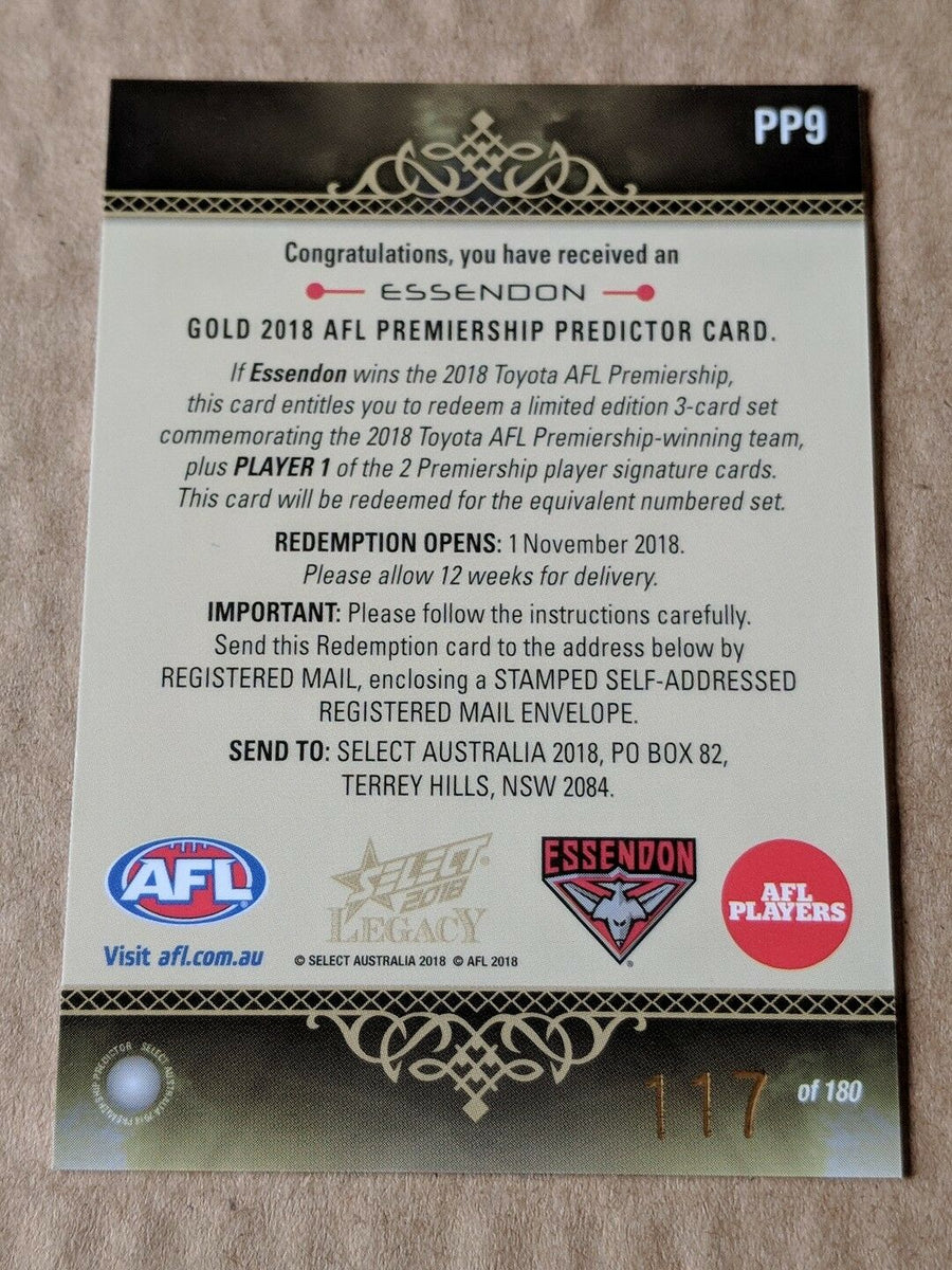 2018 AFL SELECT LEGACY GOLD ESSENDON PREMIERSHIP PREDICTOR CARD PP9 11 ...