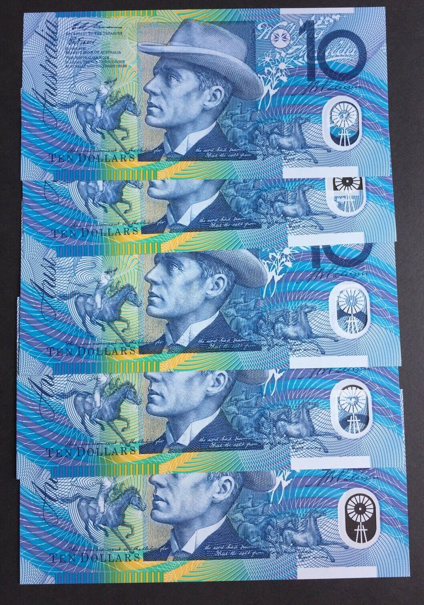 R316a 1993 $10 Blue Dobell Fraser Evans Polymer Banknote Run of 5 Unci ...