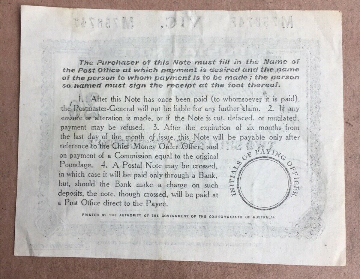 Australia Victoria 2/6 Postal Note bank note postal stationery Cancell ...
