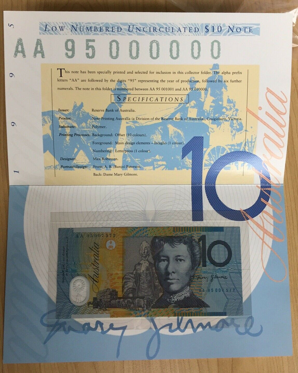 Australia 1995 $5, $10 Banknote Folders Matching Serial Numbers AA9500 ...
