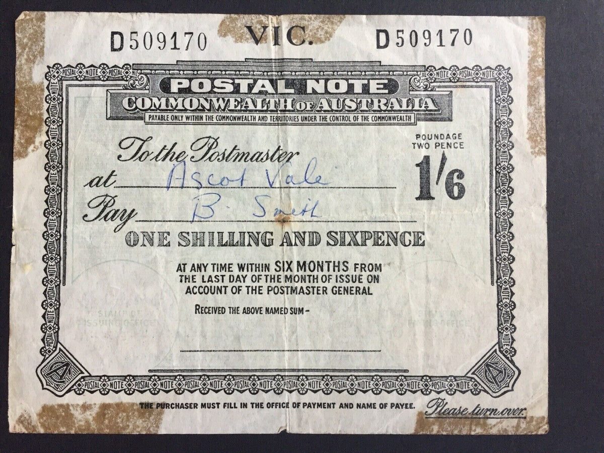 Australia Victoria 1/6 Postal Note banknote postal stationery with fau ...