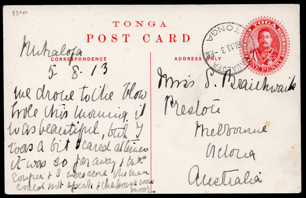 Tonga Toga 1d Stamp Swallow Caves Vavau Postcard Sent to Melbourne Aus ...