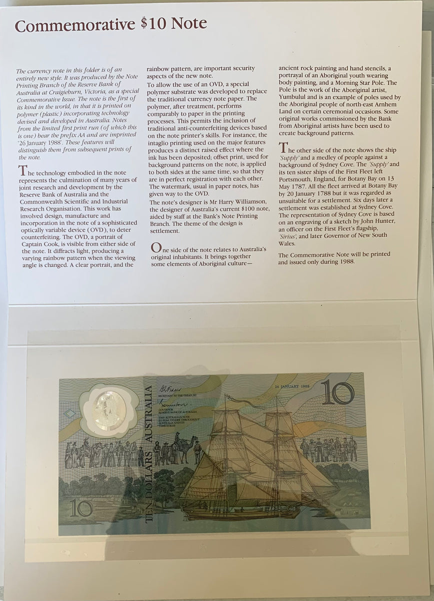 Australia 1988 $10 Bicentenary Commemorative First Polymer Banknote Fo ...