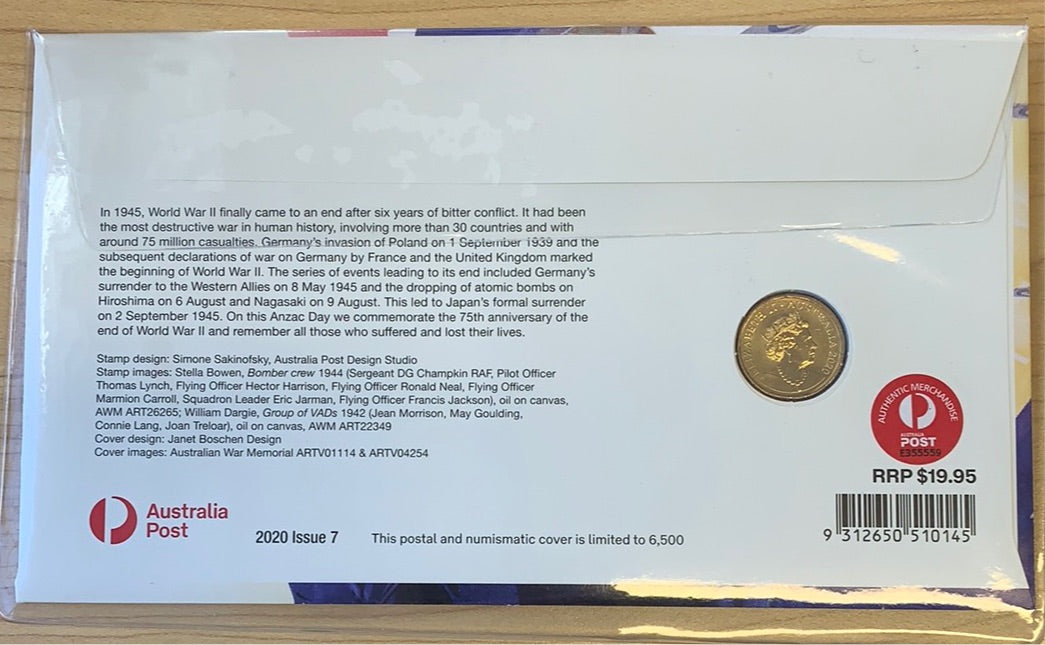2020 $2 ANZAC Day 75th Anniversary of the End of WWII PNC with coloure ...