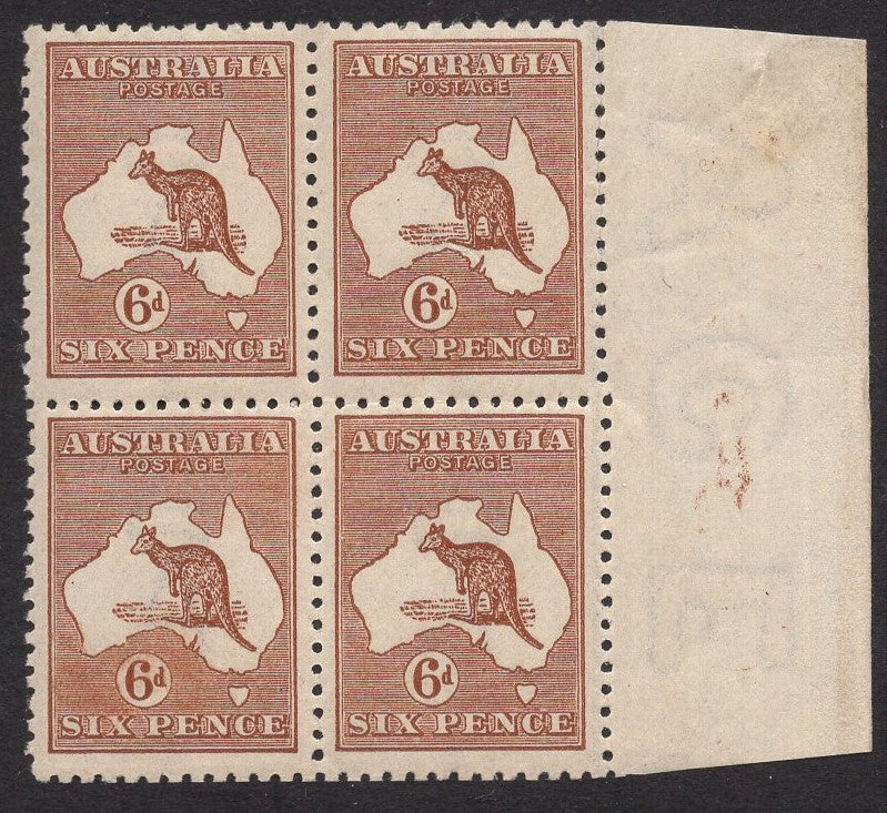 Australia SG 73 Kangaroo 6d Chestnut 3rd wmk OFFSET Block of 4 Stamps ...